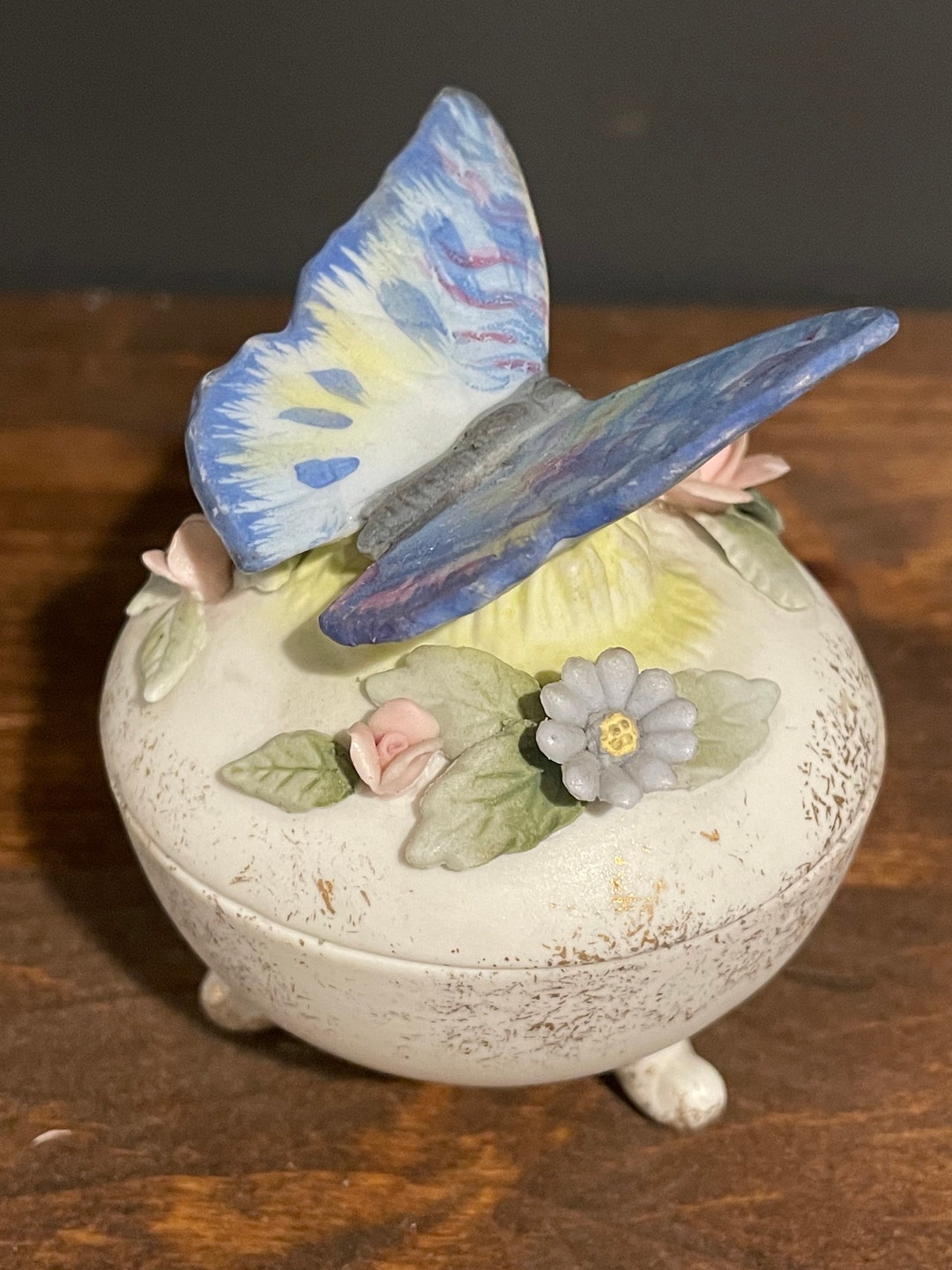 Vintage Lefton Porcelain Butterfly Trinket Box: Blue Floral Decor - Etsy
