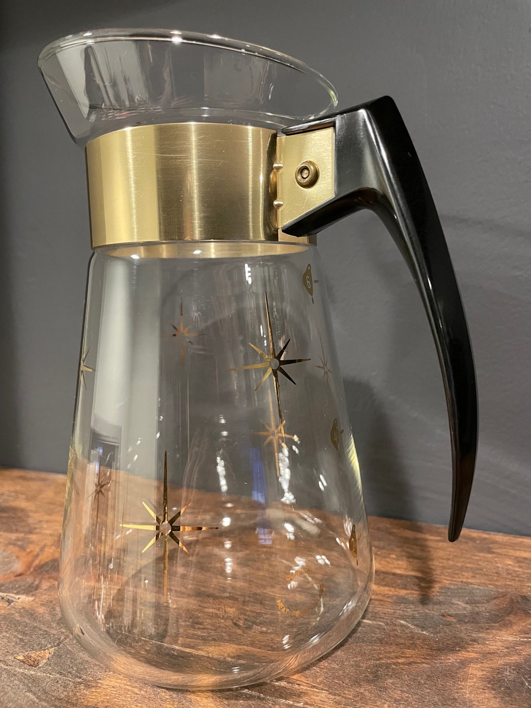 Vintage Glass Coffee Carafe, Corning Glass, Gold Atomic Starburst ...