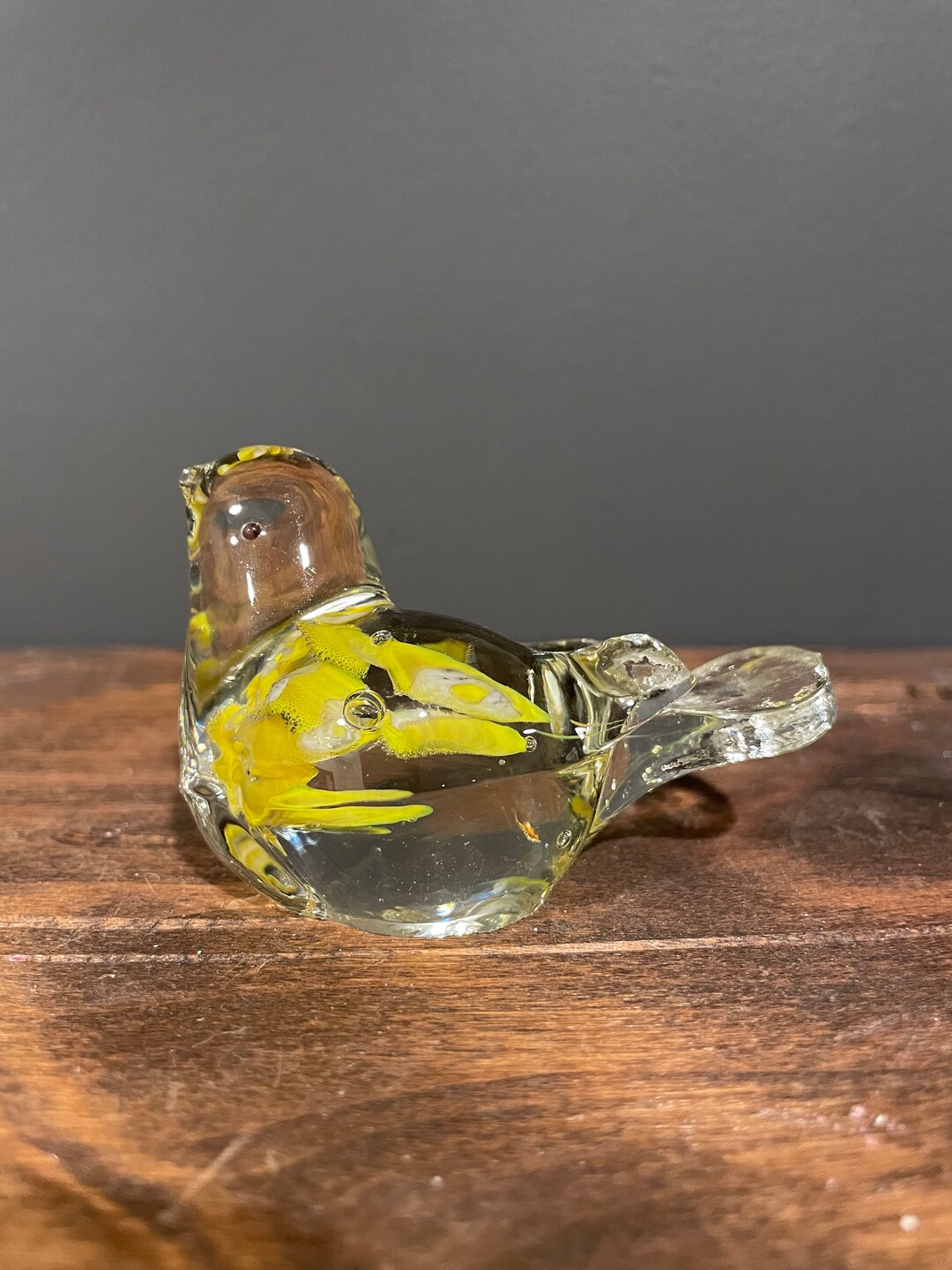 Vintage Small Art Glass Bird, Clear With Yellow and White, Small Glass ...