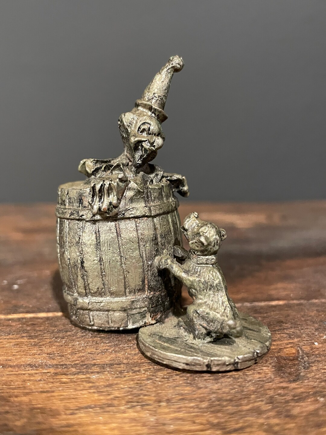 Vintage Pewter Miniature Clown in Barrel With Dog - Etsy