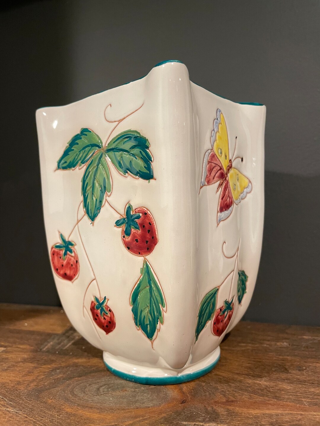 Vintage Italian Ceramic Square Vase With Strawberry and Butterfly ...