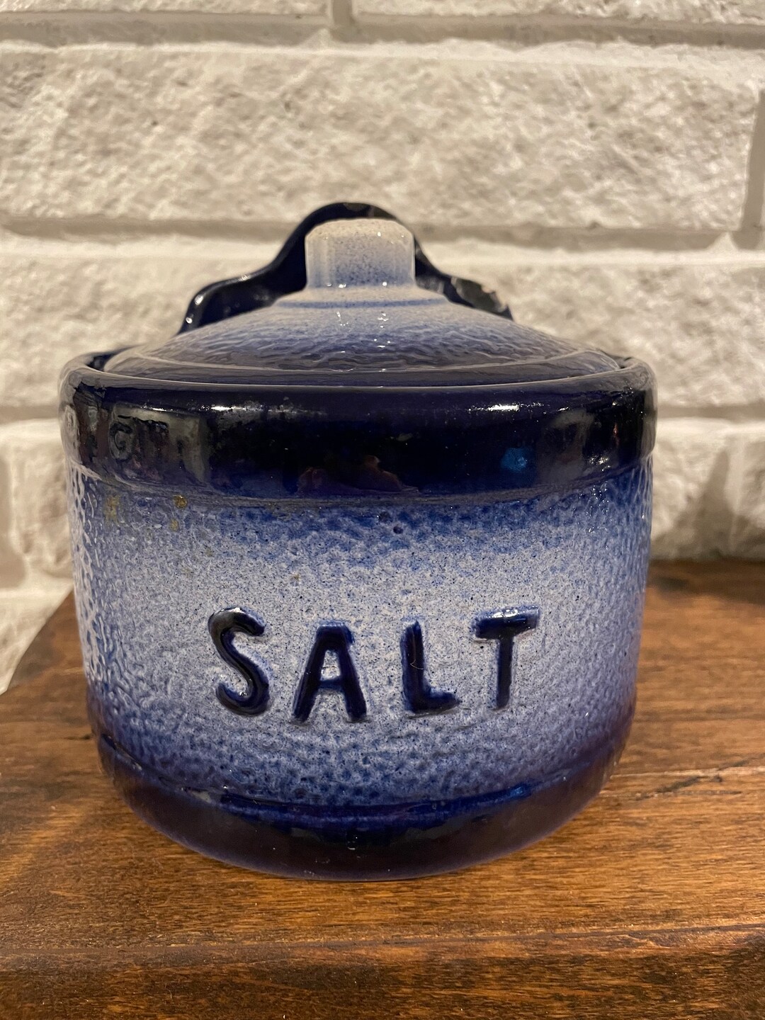 Antique Salt Glaze Flow Blue Stoneware Hanging Salt Crock With Lid, Flo ...