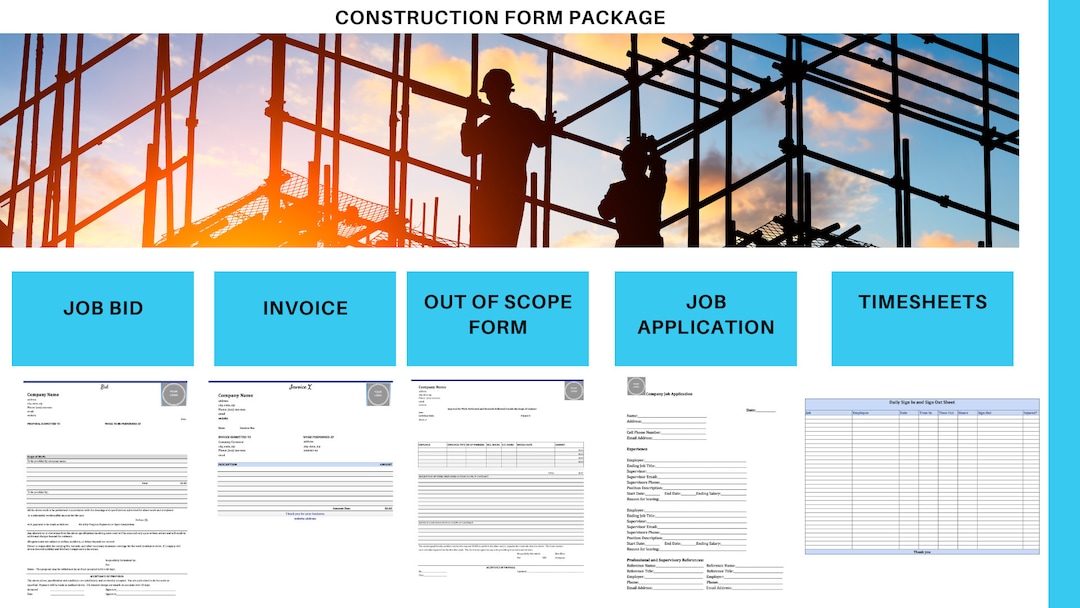 Construction Forms Package, Job Bid or Job Estimate, Invoice, Out of ...