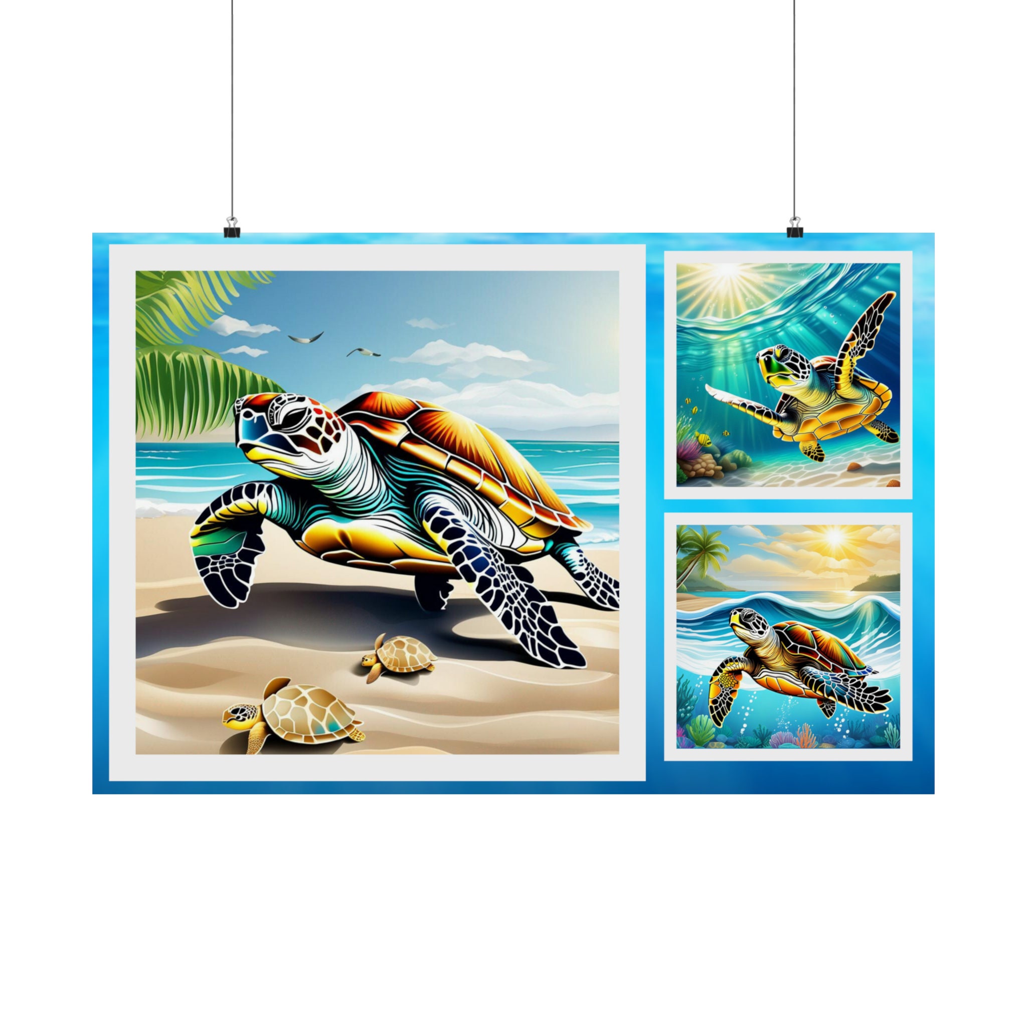 Sea Turtles on the Beach in the Ocean and Catching a Wave, Matte ...