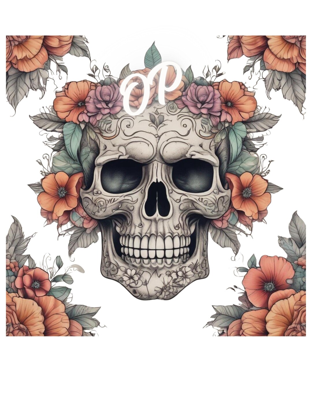 Floral Skull Clipart | Peach & Mauve Flowers (digital Download) - Etsy