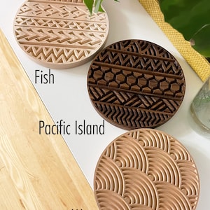 Exquisite Pacific Island Pattern Wood Trivet: Ocean, Earth, Waves, Fish ...