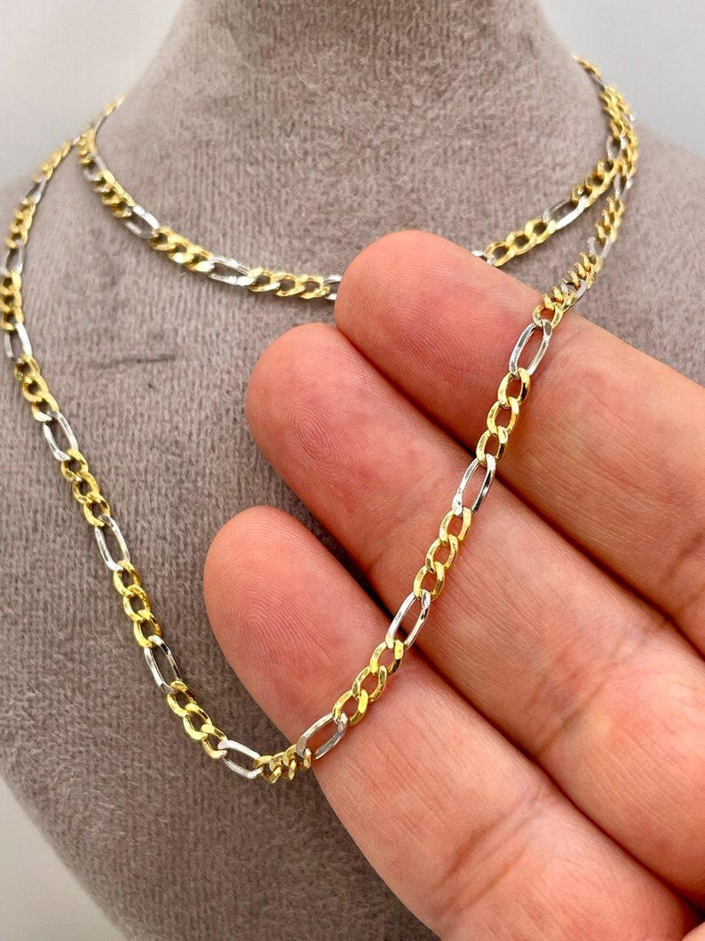 18K Solid Gold Two-tone Figaro Chain - Etsy