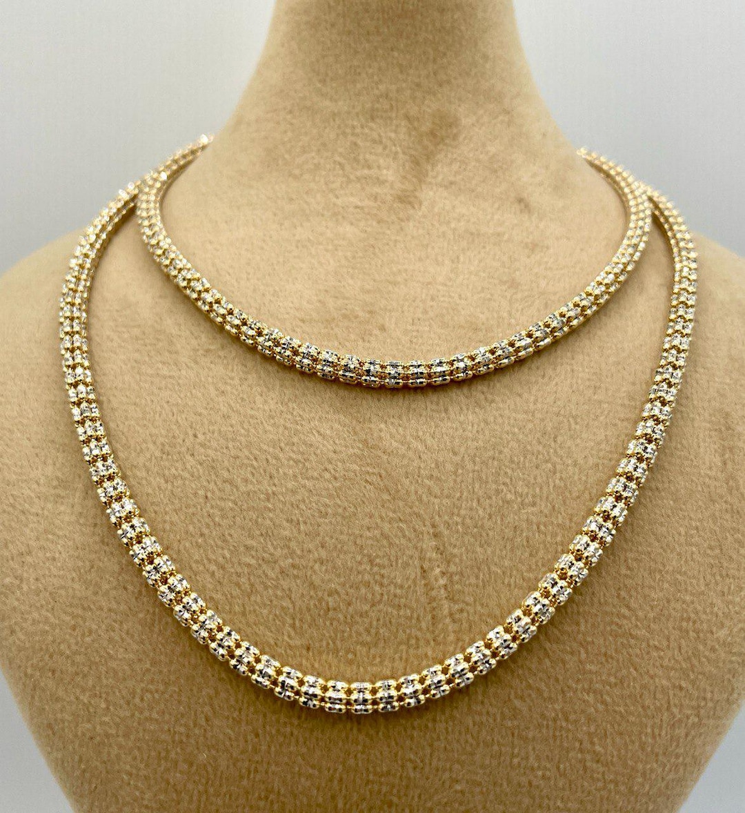 18K Solid Gold Ice Chain Necklace, 18K Yellow and White Gold Round Ice ...