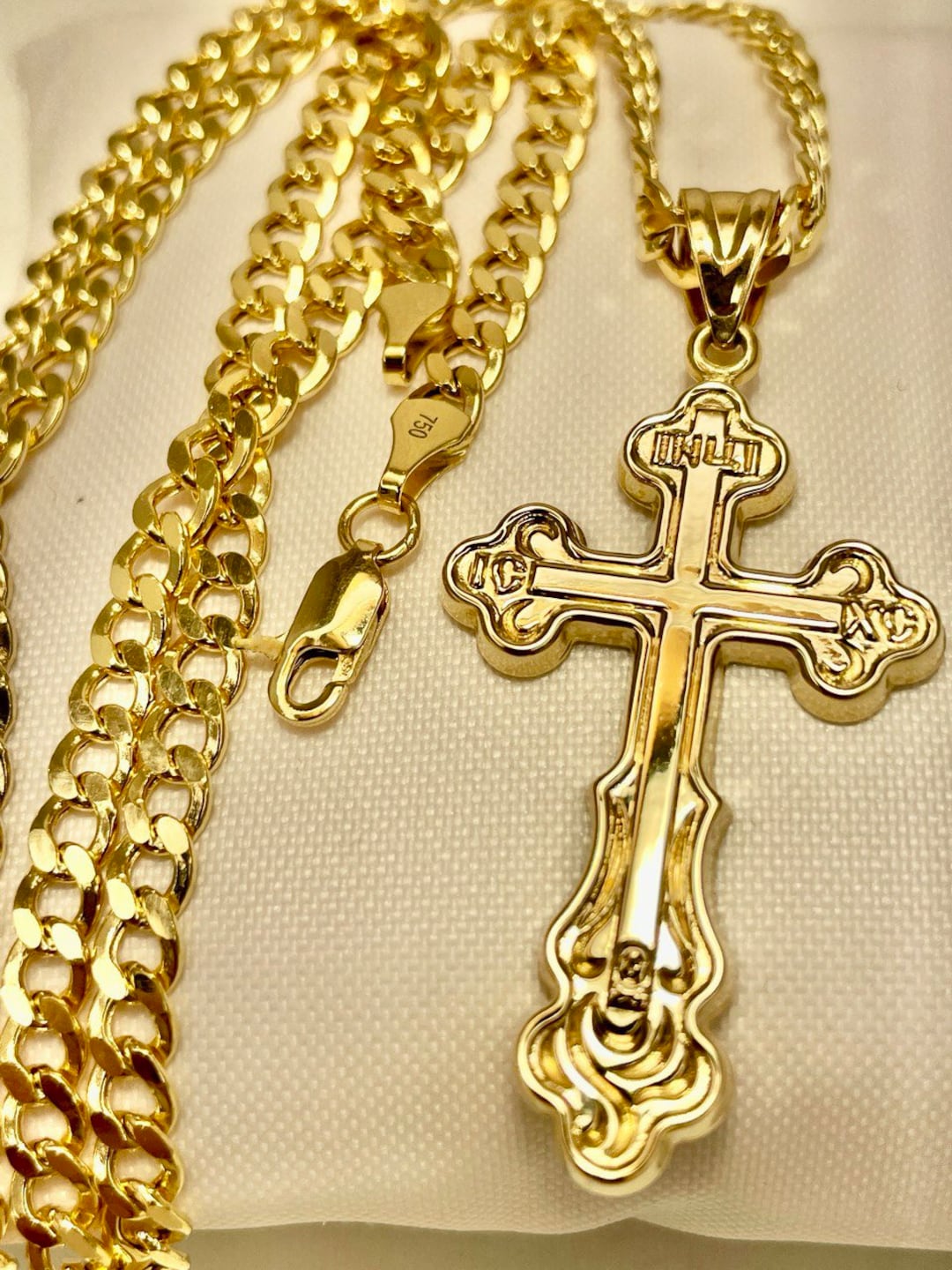18K GOLD CROSS NECKLACE Solid Curb Chain,real Gold,birthday Gift ...
