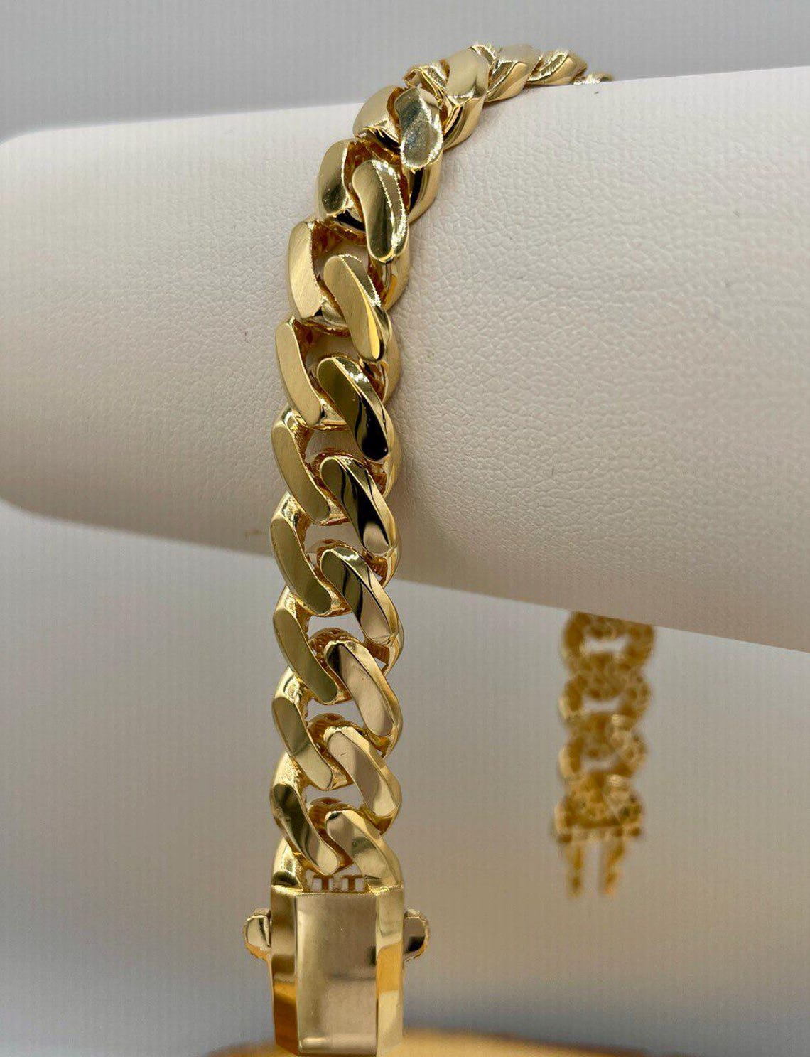 18K Solid Gold Miami Cuban Bracelet: Chunky Yellow Gold Chain, 10.5mm ...