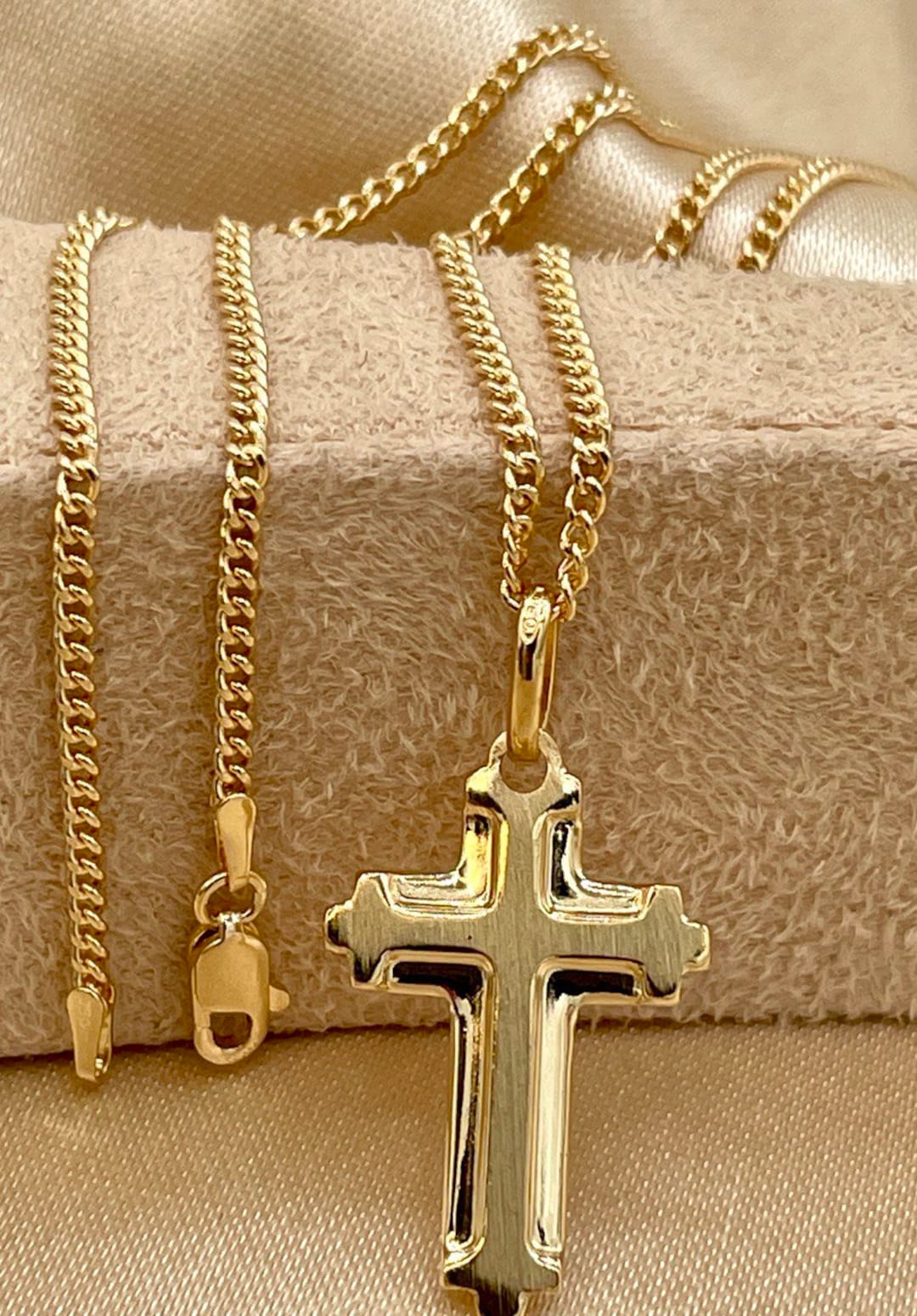 18k Solid Gold Cross Necklace With 2mm Curb Chain - Etsy