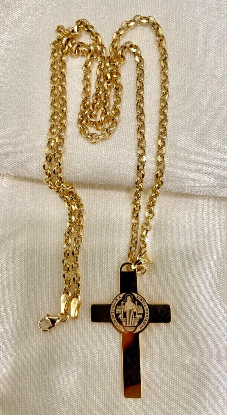 18 Karat Solid Gold Cross Necklace: Rolo Chain Crucifix - Etsy
