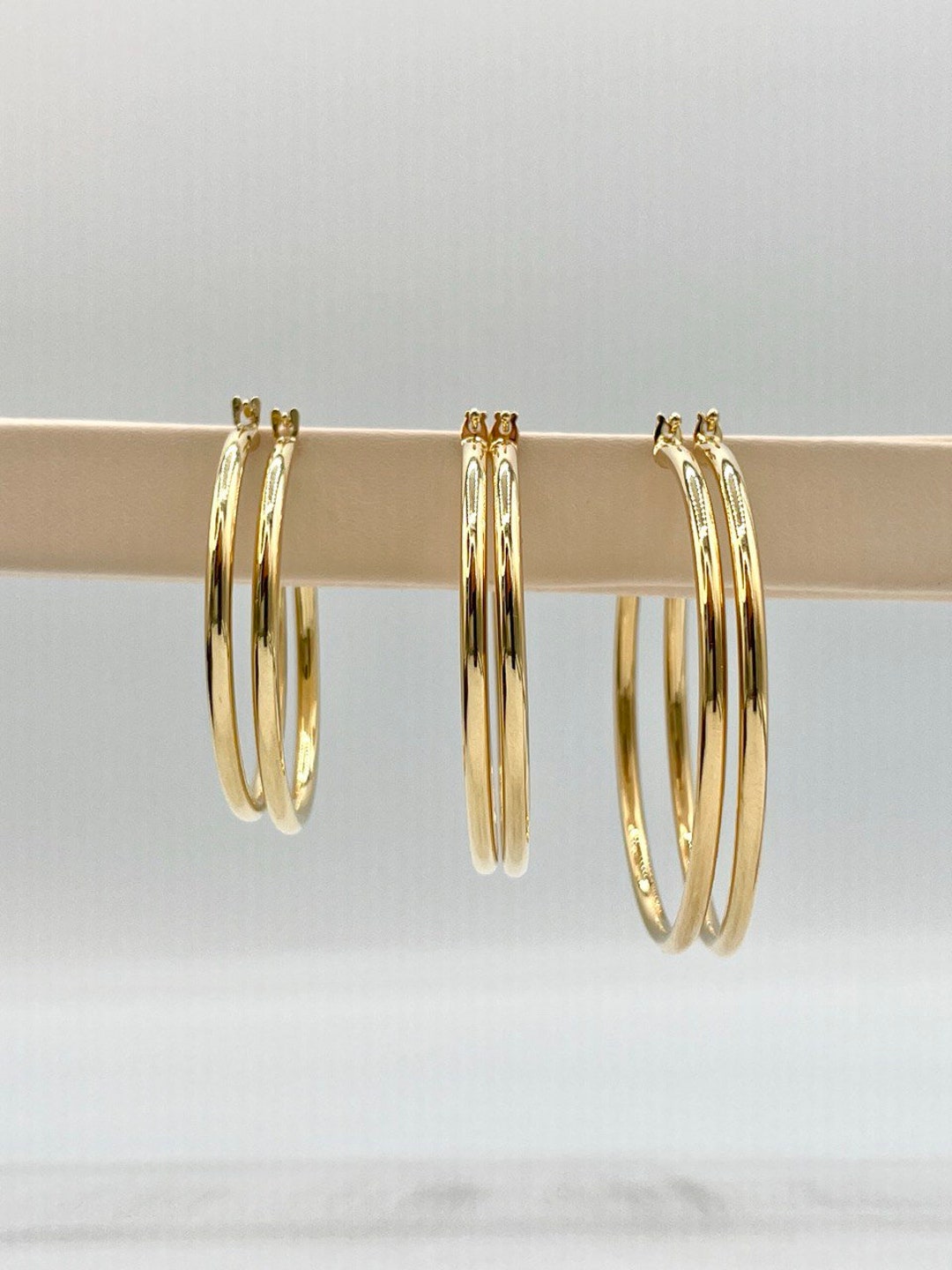 18K Gold Round Hoop Earrings, Solid Yellow Gold Large Shiny Hoops for ...