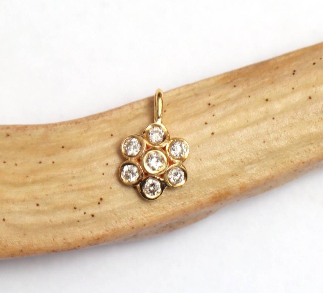 14K Solid Gold Diamond Charm Small Flower - Etsy