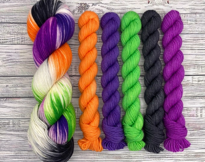 Hocus Pocus and Minis Set Halloween Sock Yarn Hand Dyed Sock Yarn Superwash Merino Wool Nylon ...