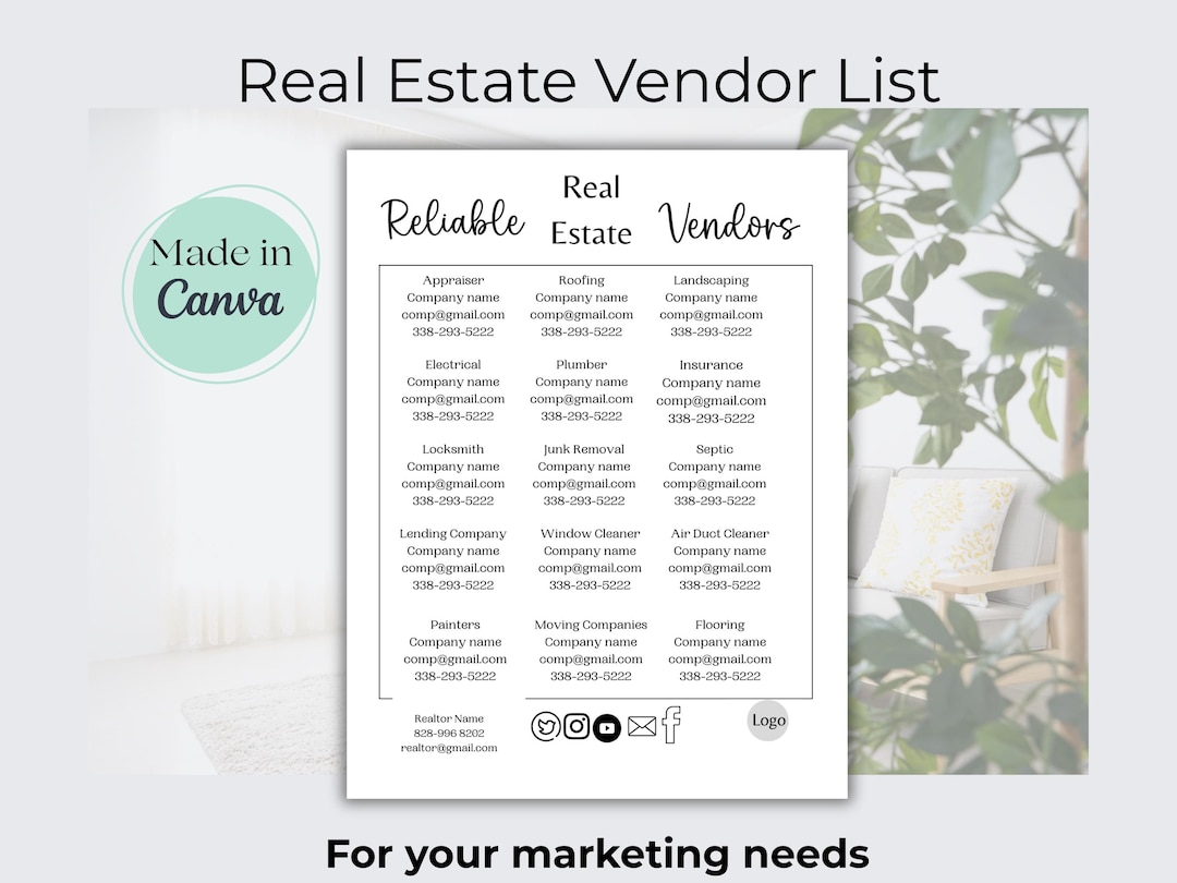 Real Estate Vendor Template| Real Estate Vendor List | Realtor ...