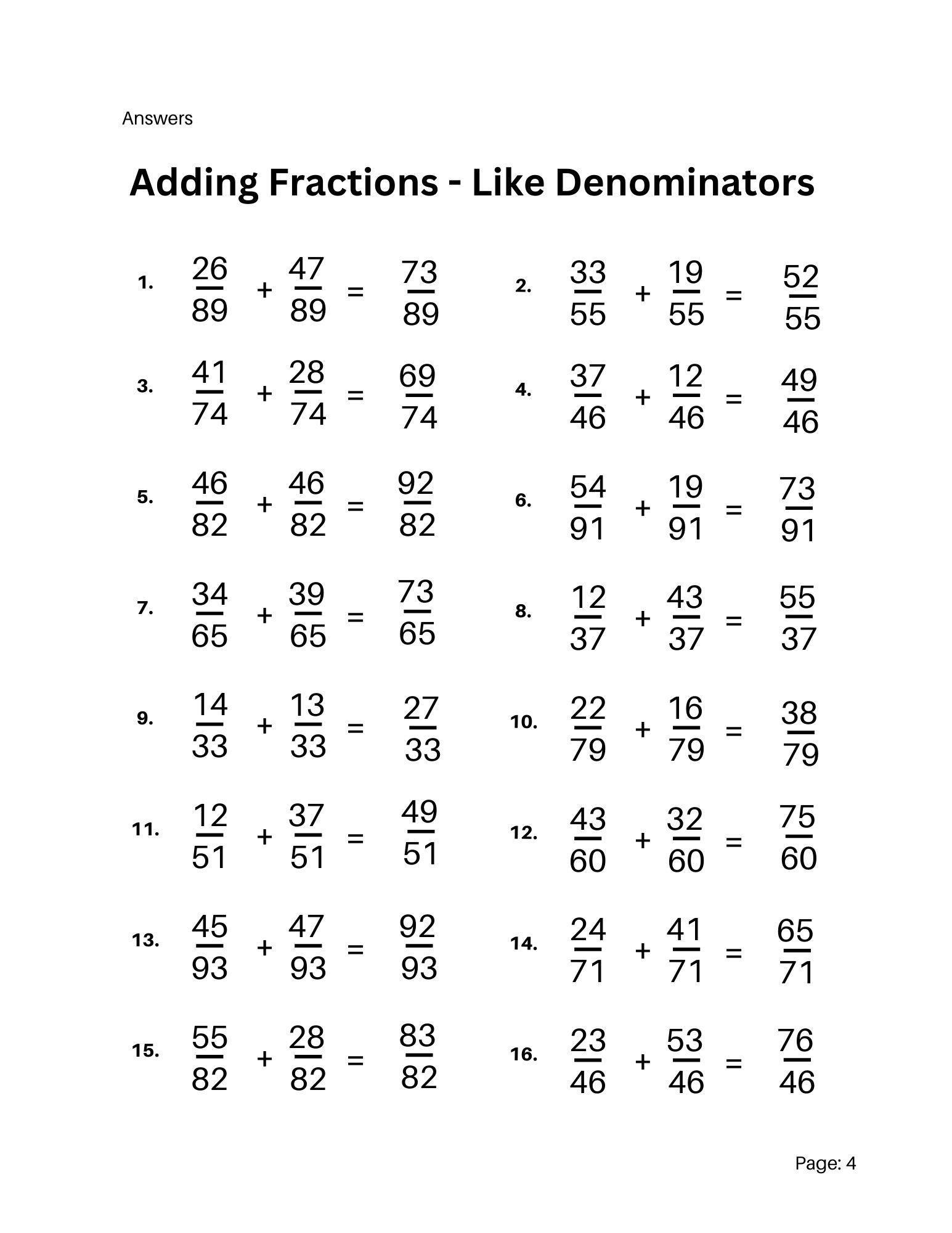 Adding Fractions With Like Denominators, Printable Fractions Worksheets ...