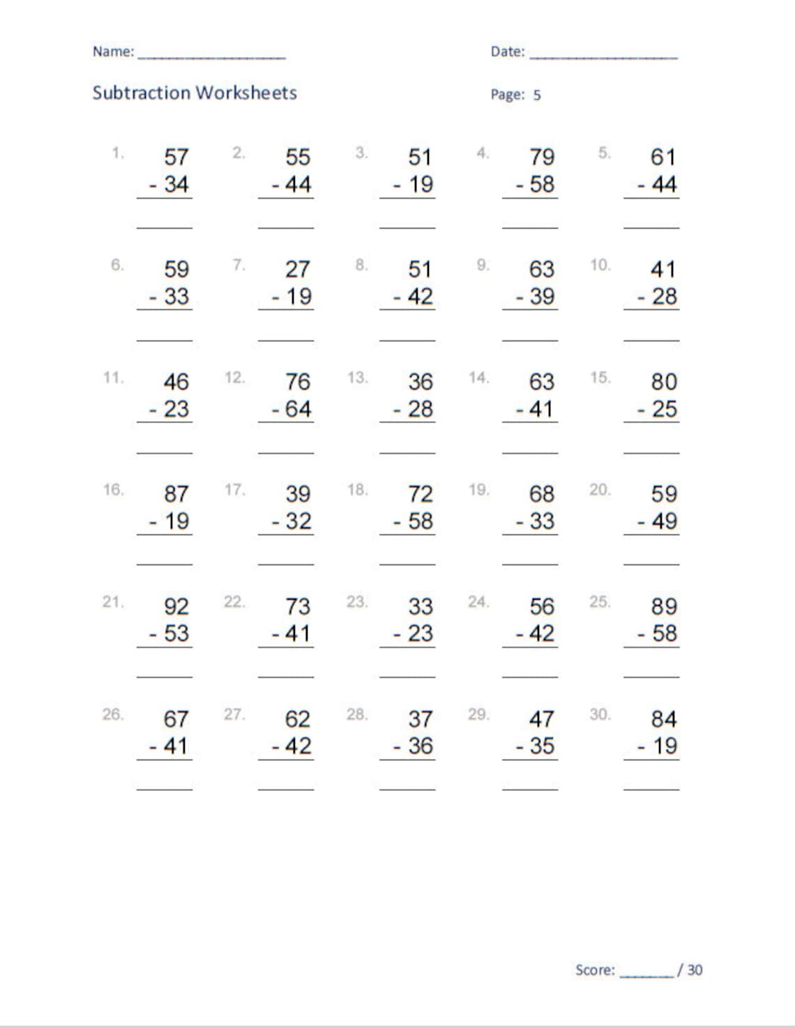 Two-digit Subtraction Worksheets - 20 Pages of Practice - 2-digit ...
