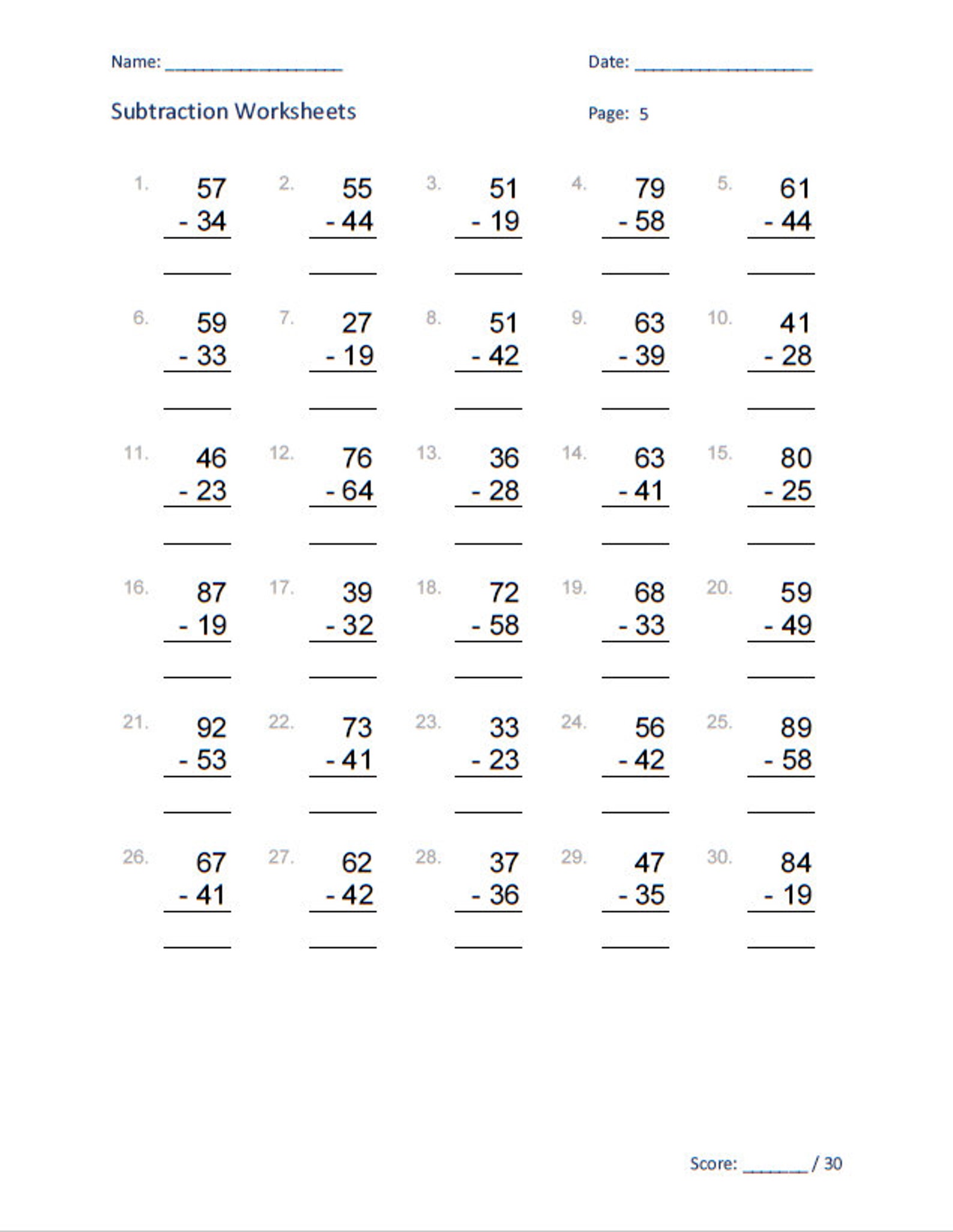 Two-digit Subtraction Worksheets - 20 Pages of Practice - 2-digit ...