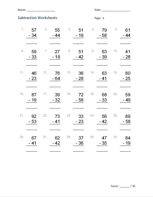 Two-digit Subtraction Worksheets - 20 Pages of Practice - 2-digit ...