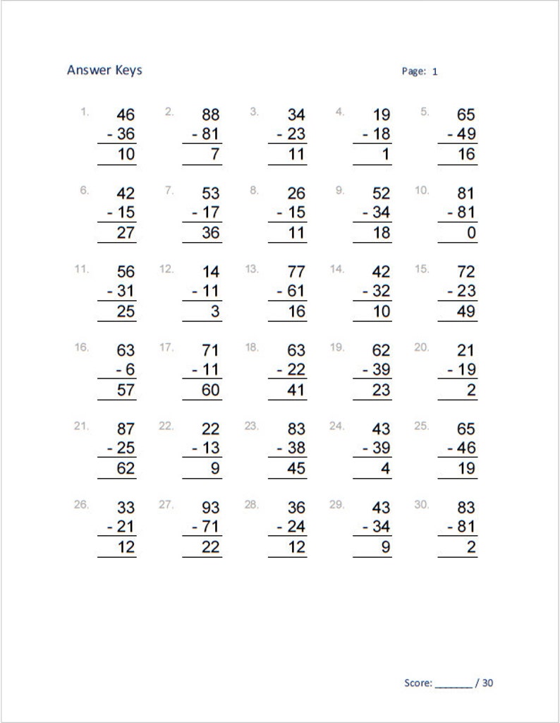 Two-digit Subtraction Worksheets - 20 Pages of Practice - 2-digit ...