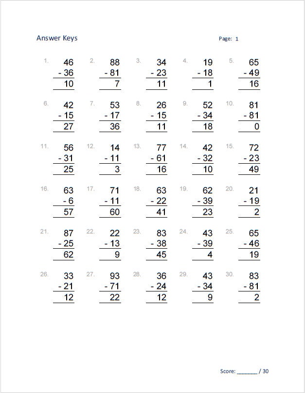 Two-digit Subtraction Worksheets - 20 Pages of Practice - 2-digit ...