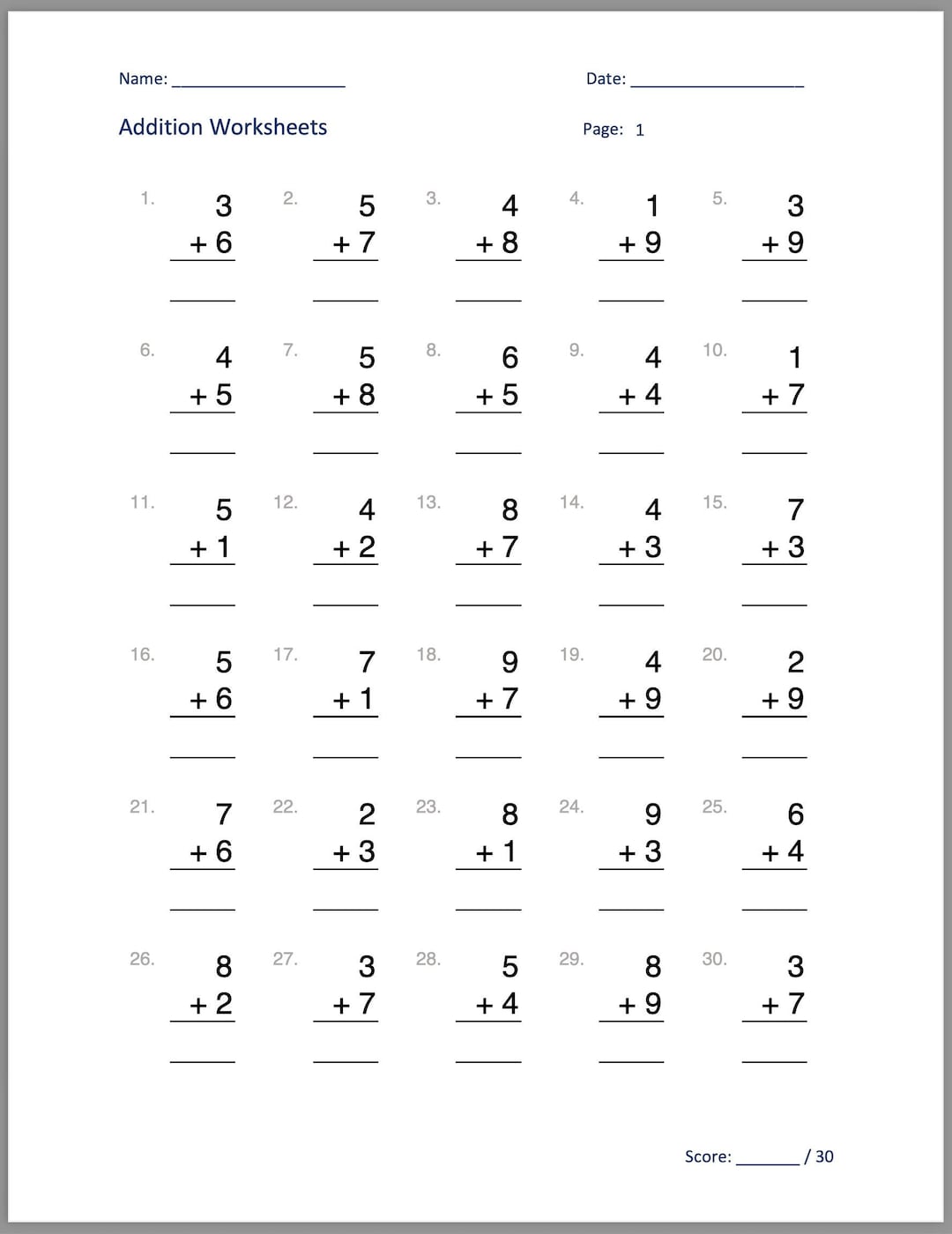Digital Addition Worksheets, Single Digit Addition, 20 Pages ...