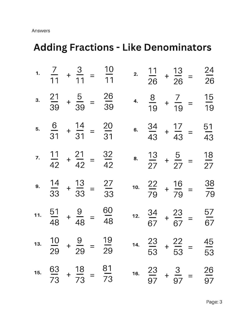Adding Fractions With Like Denominators, Printable Fractions Worksheets ...