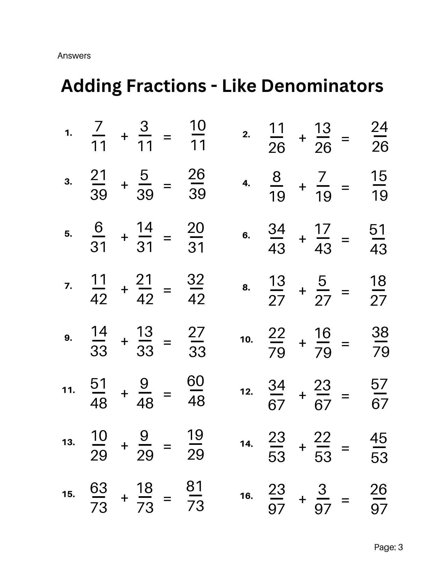 Adding Fractions With Like Denominators, Printable Fractions Worksheets ...