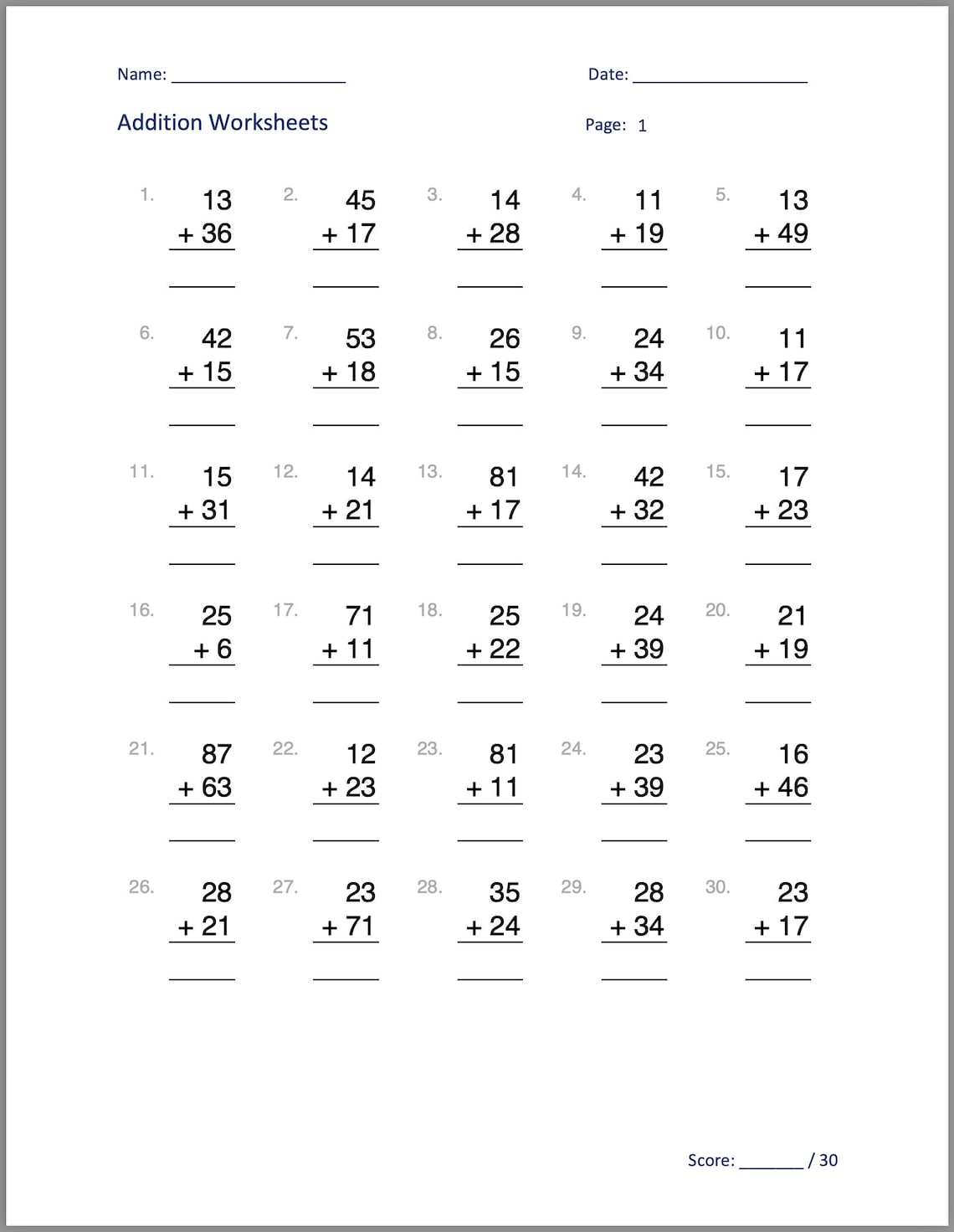 Two Digit Addition Worksheets, 20 Sheets of Practice, Printable Math ...