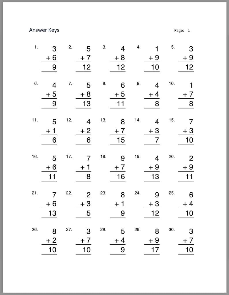 Digital Addition Worksheets, Single Digit Addition, 20 Pages ...