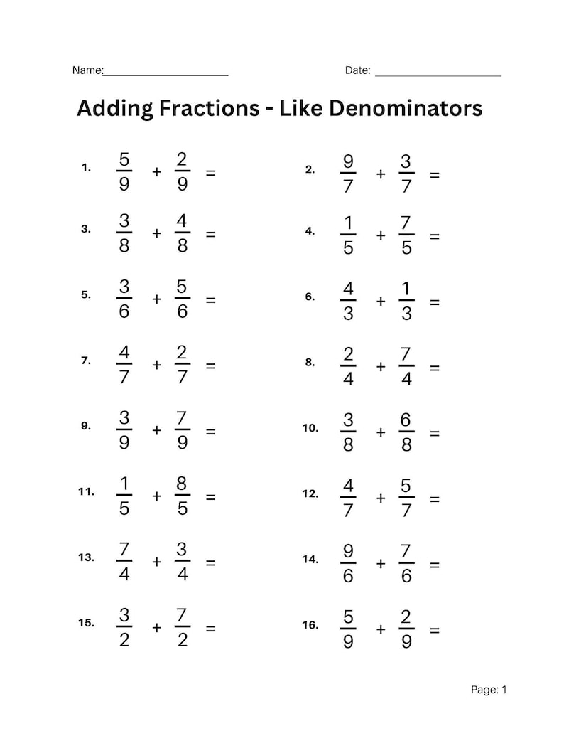 Adding Fractions With Like Denominators, Printable Fractions Worksheets ...