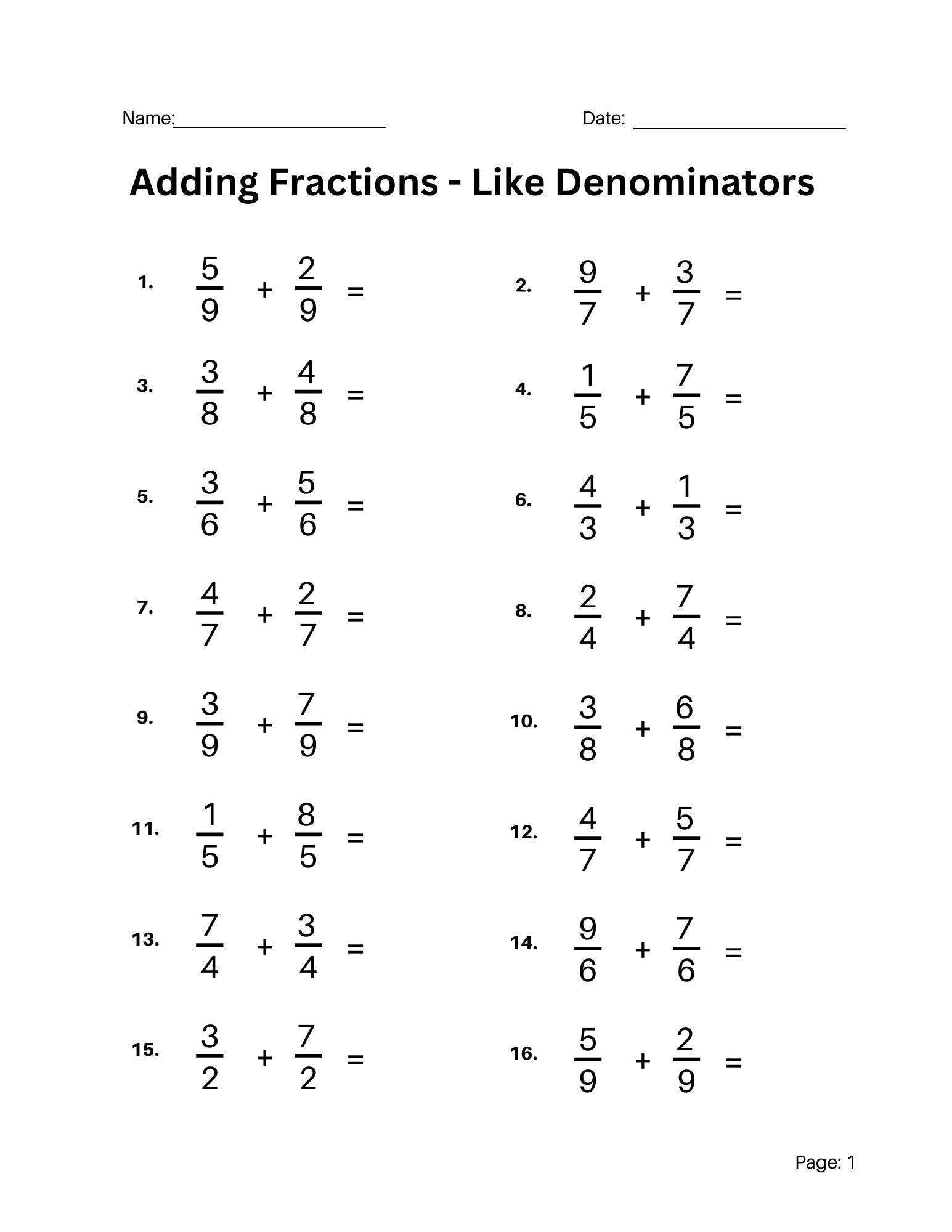 Adding Fractions With Like Denominators, Printable Fractions Worksheets ...