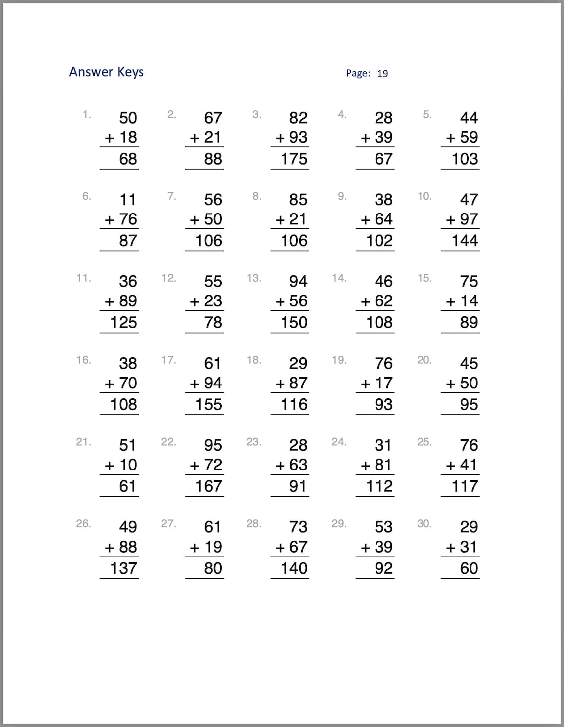 Two Digit Addition Worksheets, 20 Sheets of Practice, Printable Math ...