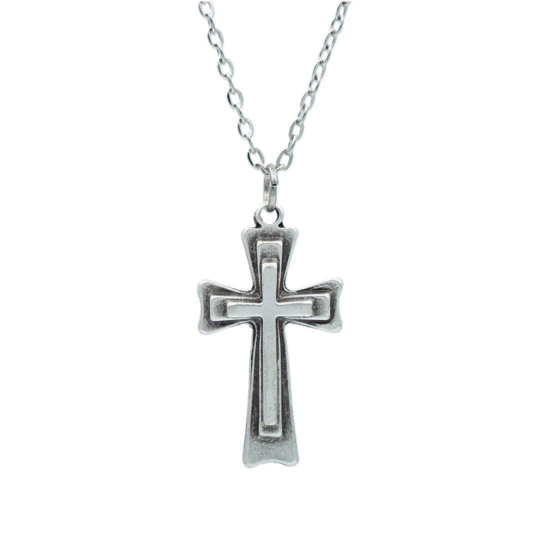 Antique Silver Plated Christian Cross Necklace - Personalized Chain - Etsy