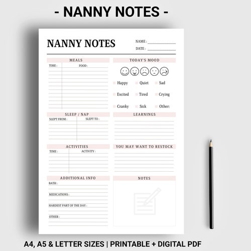 Nanny Notes Template Nanny Report Nanny Log Printable - Etsy