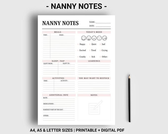 Nanny Notes Template Nanny Report Nanny Log Printable Babysitter Daily ...