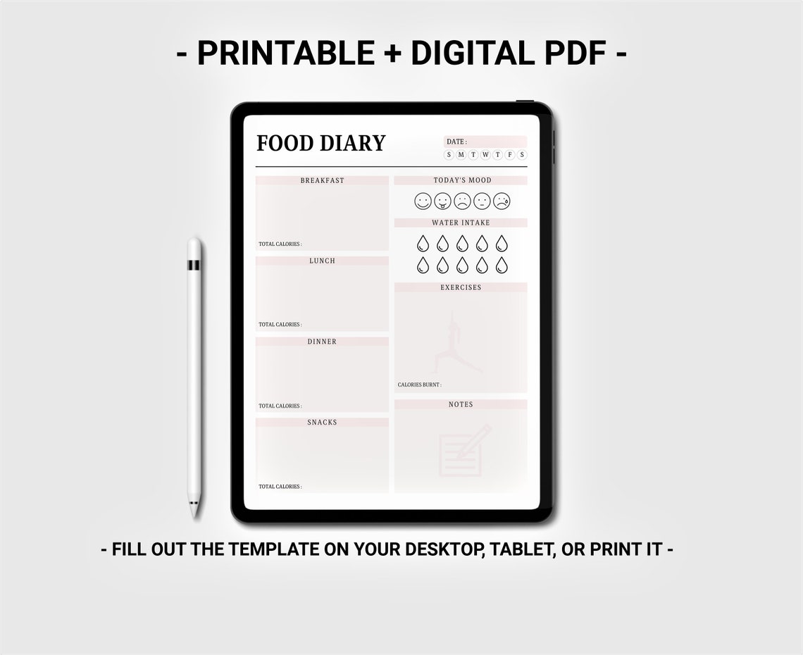 Food Diary Printable Digital Daily Food Journal Food Tracker Daily Food ...