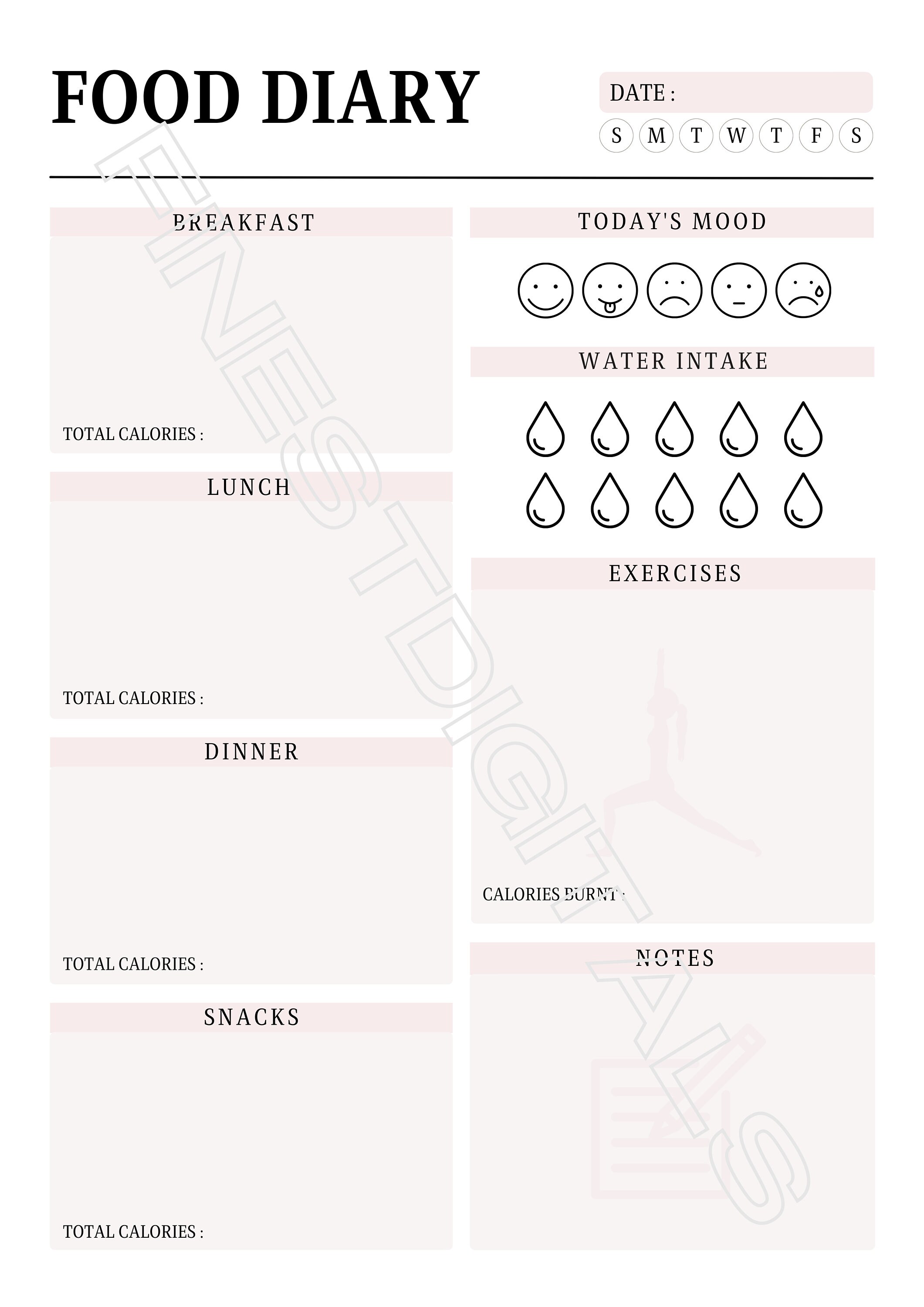 Food Diary Printable Digital Daily Food Journal Food Tracker Daily Food ...