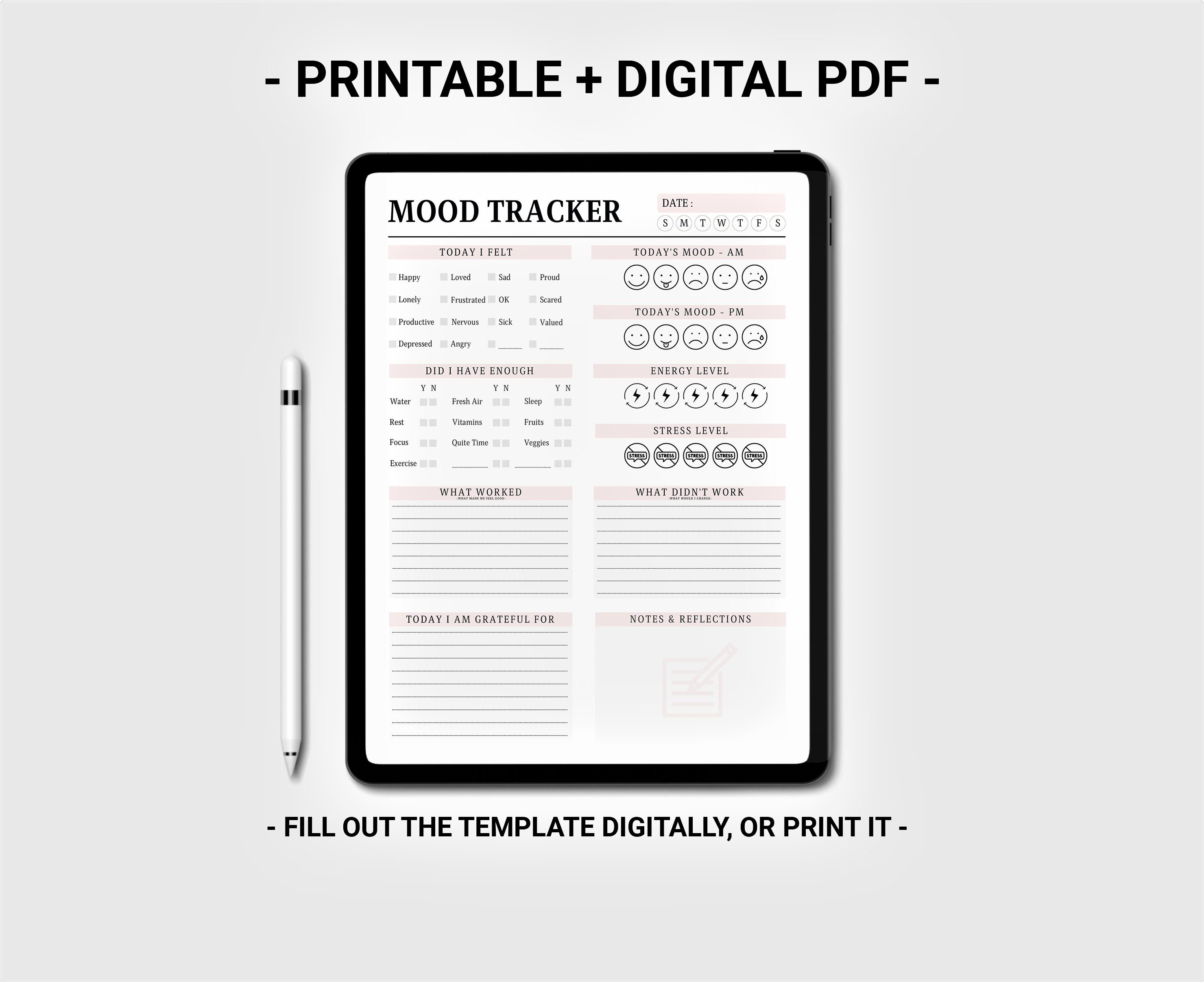 Daily Mood Tracker Printable Digital, Anxiety Tracker, Selfcare Planner ...