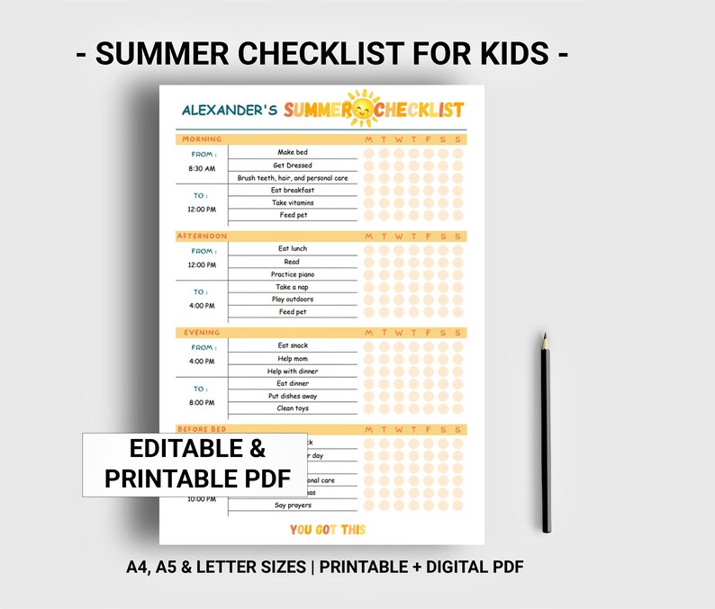 Personalized Summer Checklist Printable Digital, Kids Chore Chart, Kids ...