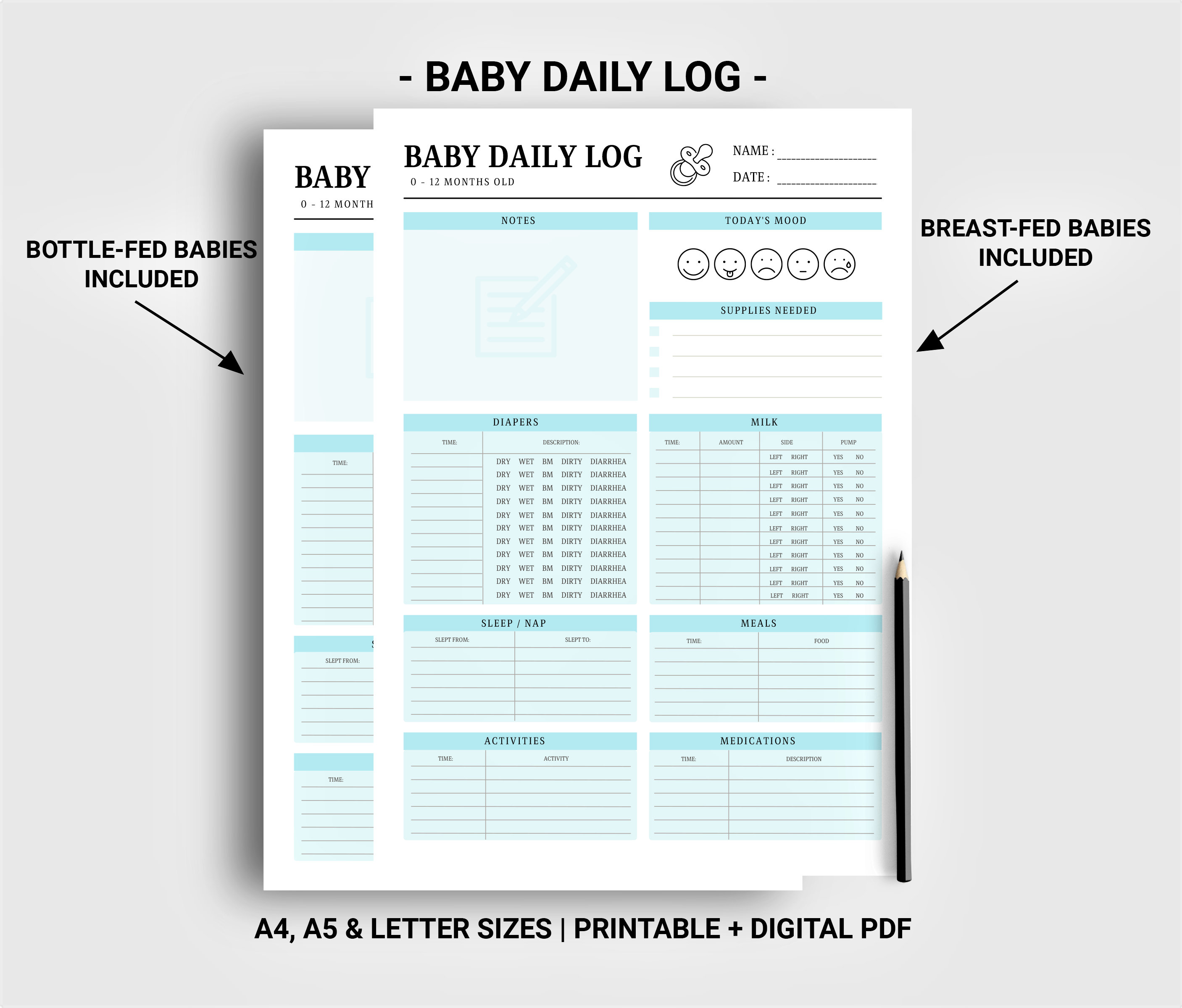 Baby Daily Log Printable Digital, Baby Tracker, Nanny Log, Babysitter ...