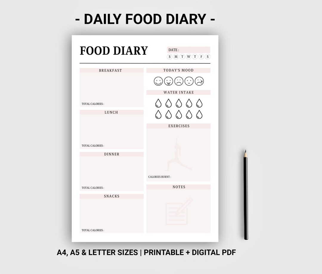 Food Diary Printable Digital Daily Food Journal Food Tracker Daily Food ...
