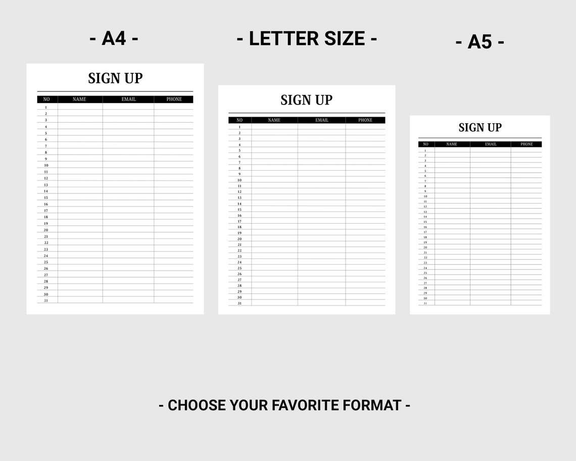 Sign up Sheet Printable Digital Sign up List Sign up Form Sign in ...