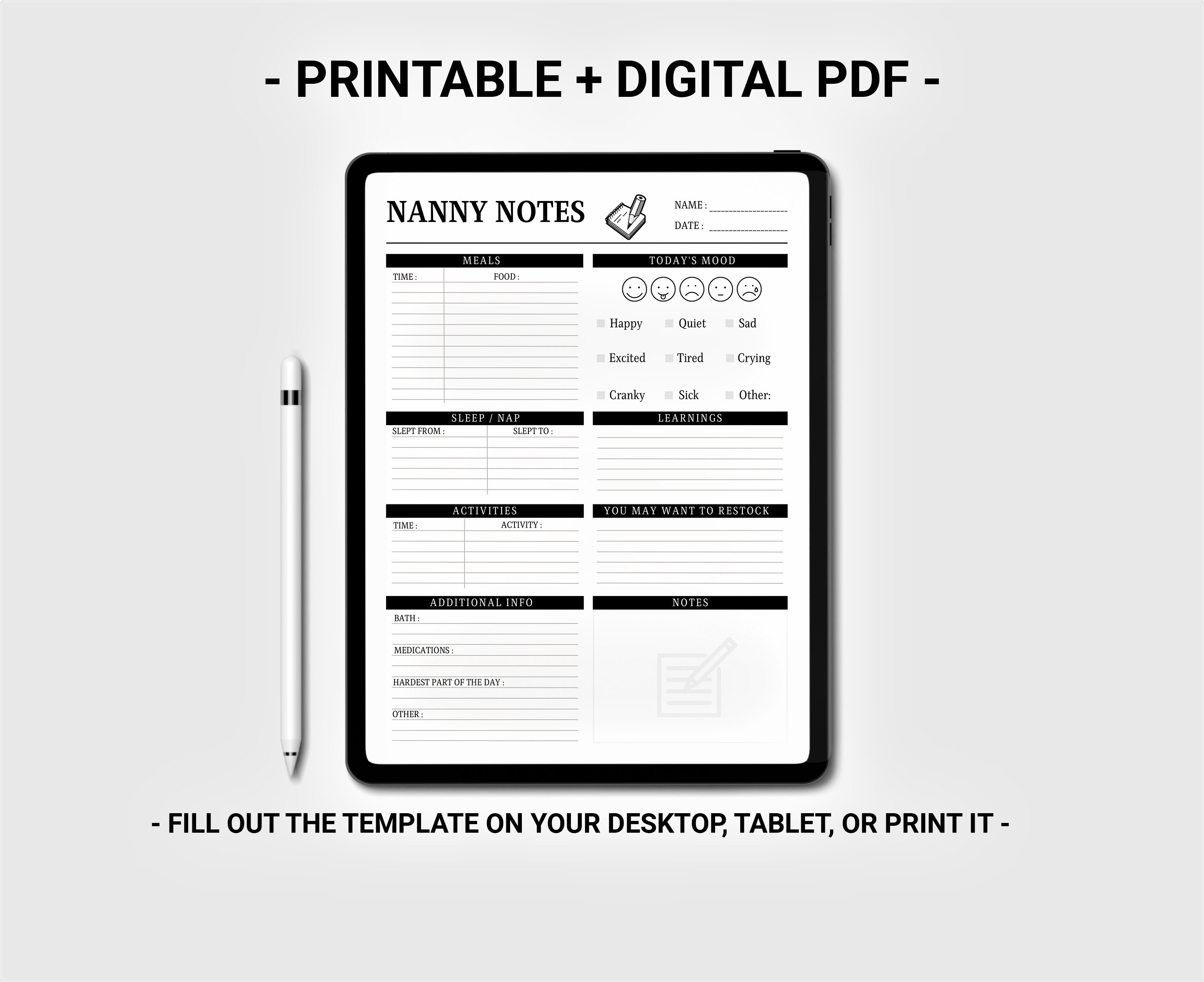 Nanny Bundle Nanny Notes Printable Digital Emergency Info Nanny Log ...