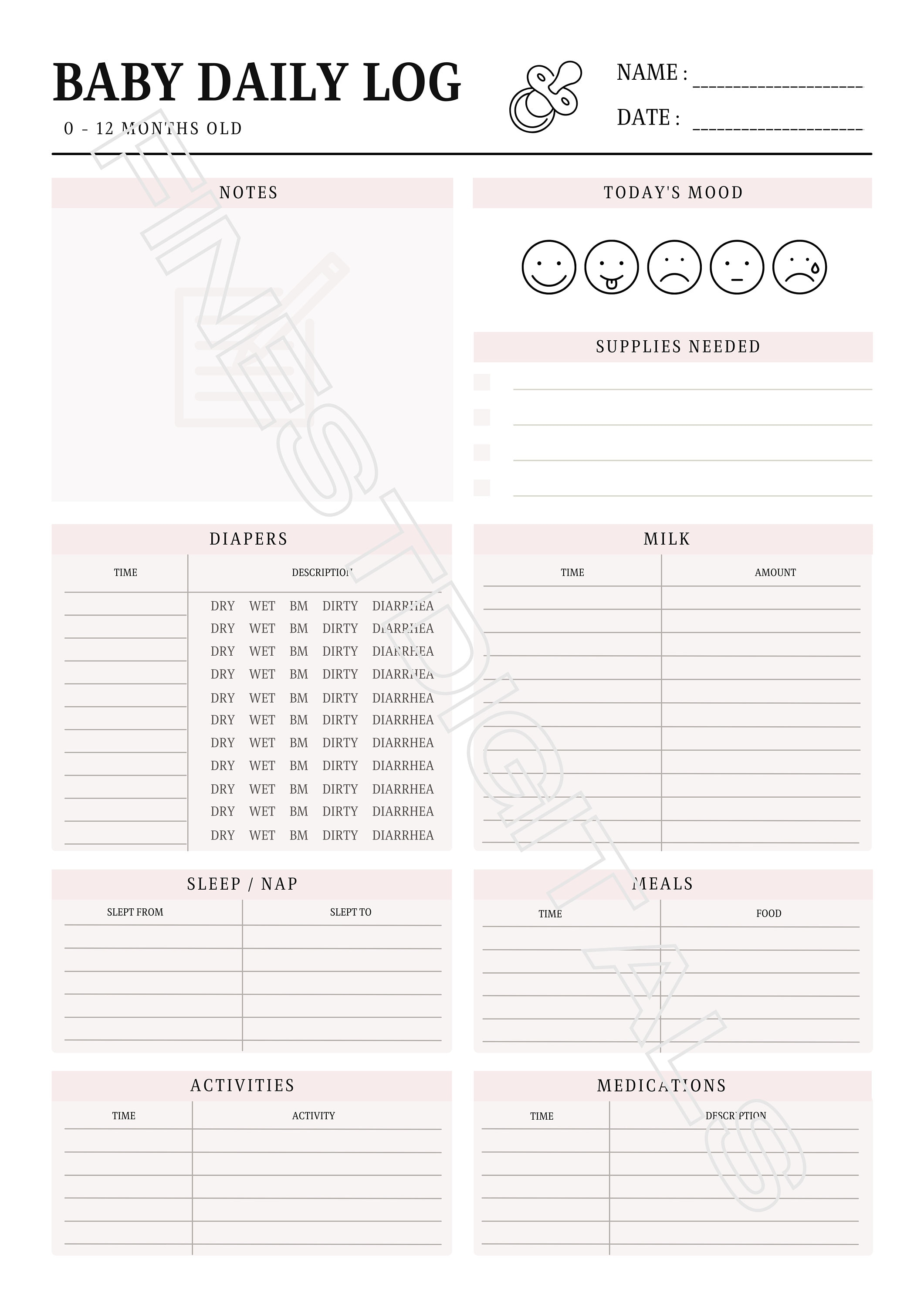 Baby Log Printable Digital, Baby Daily Tracker, Nanny Log, Baby Report ...