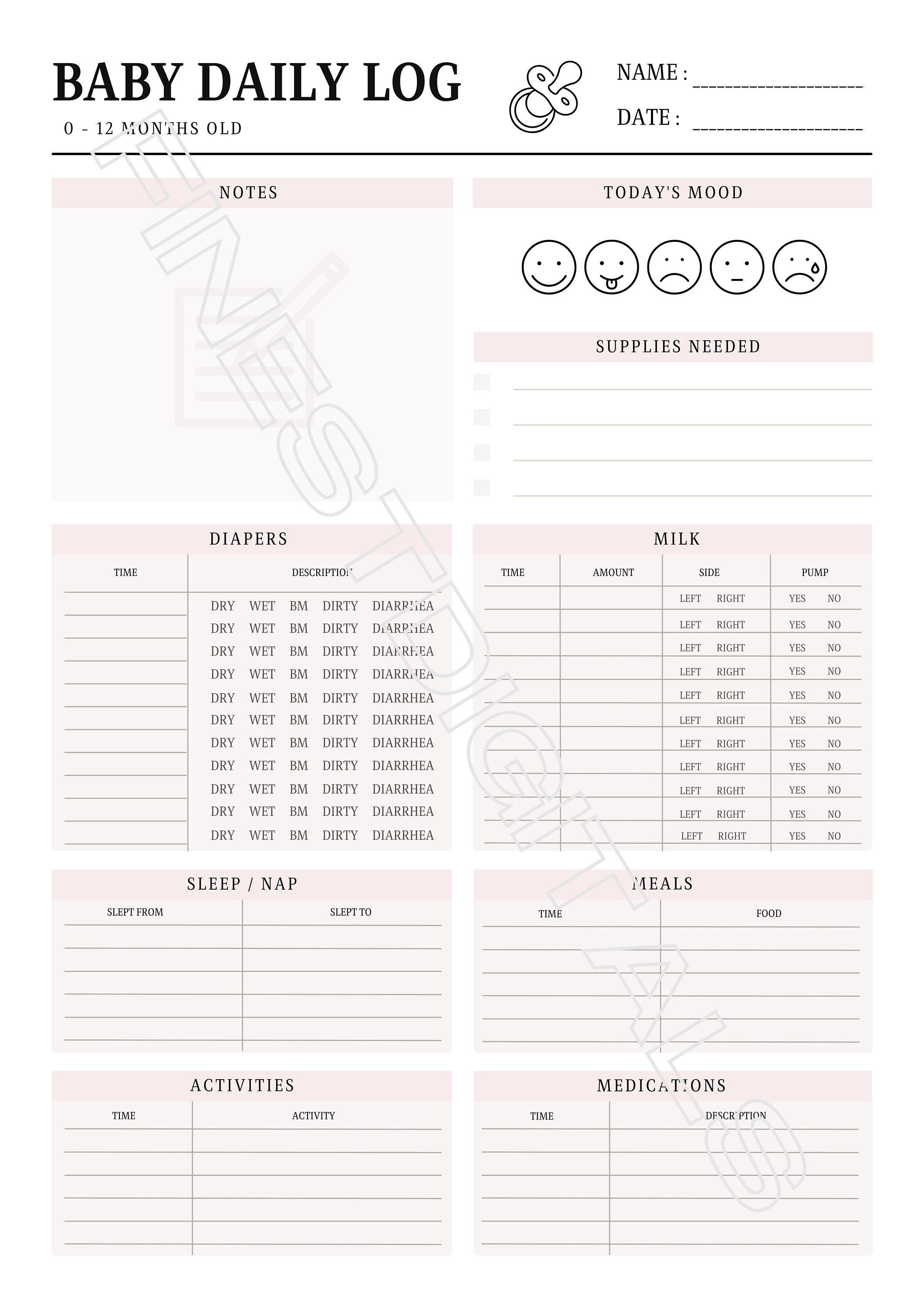 Baby Log Printable Digital, Baby Daily Tracker, Nanny Log, Baby Report ...