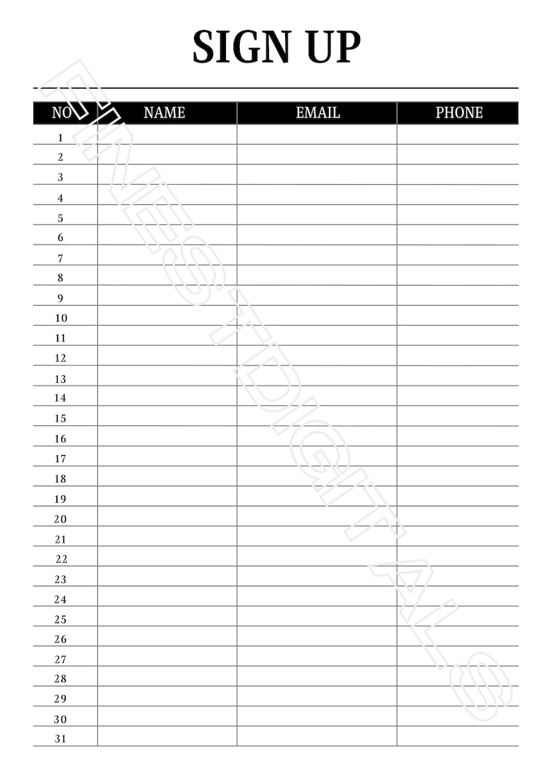 Sign up Sheet Printable Digital Sign up List Sign up Form Sign in ...