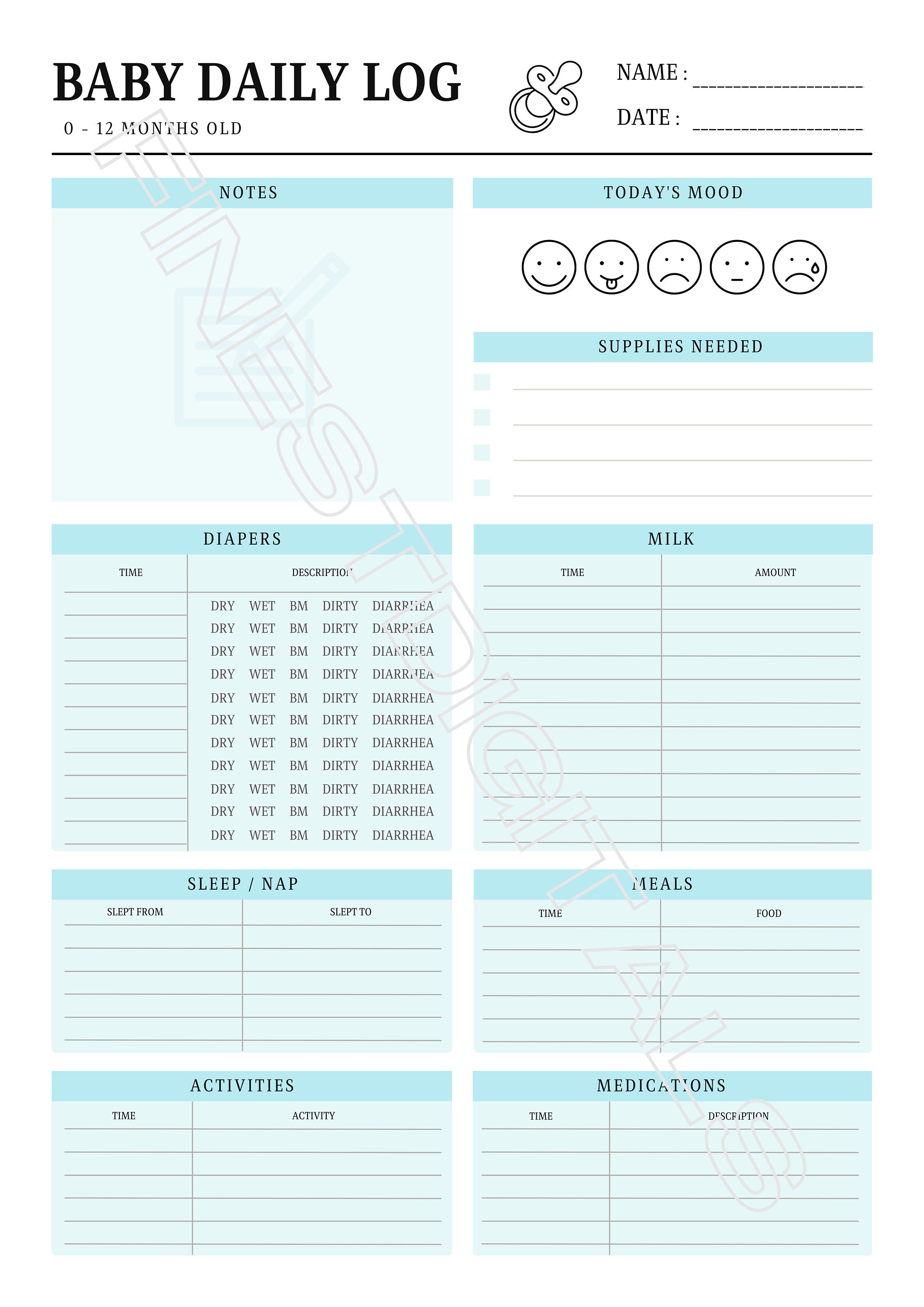 Baby Daily Log Printable Digital, Baby Tracker, Nanny Log, Babysitter ...