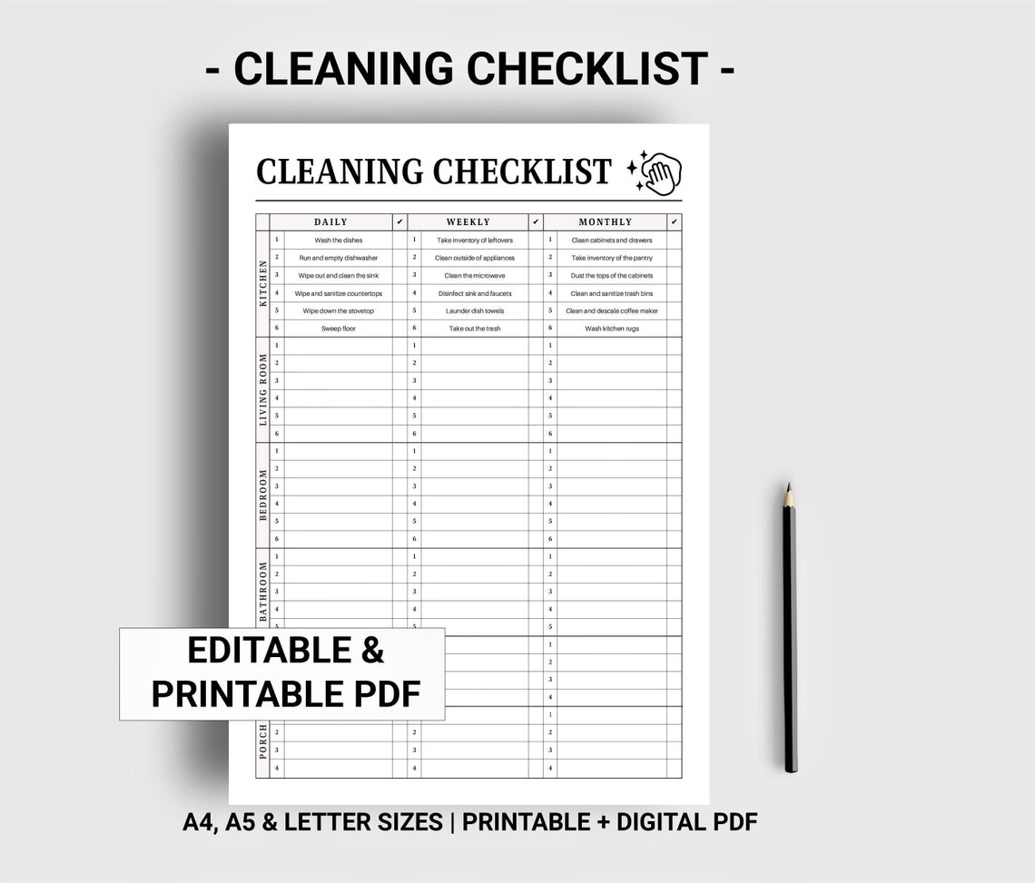 Editable Cleaning Checklist Printable Cleaning Schedule - Etsy